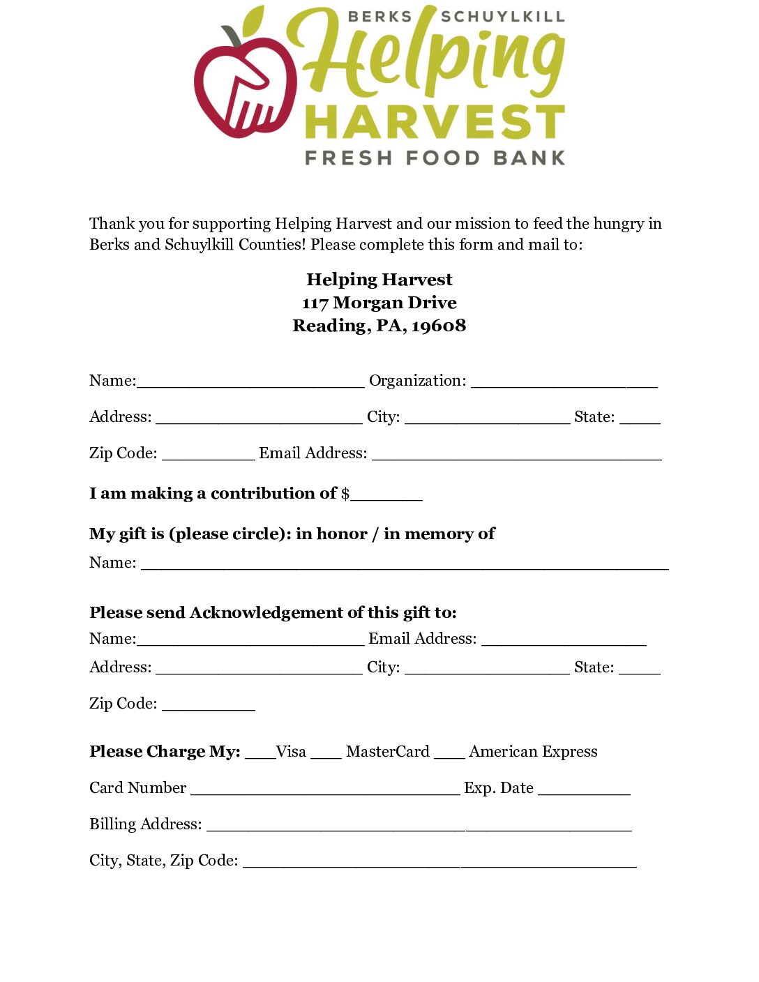 Website Downloadable Donation Form | Helping Harvest