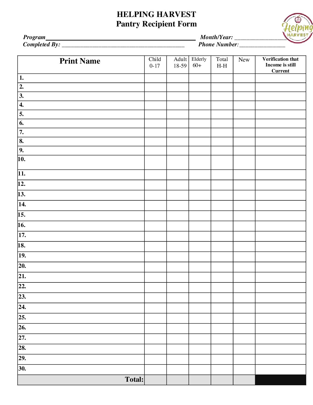 2024-2025 Pantry Recipient Form | Helping Harvest