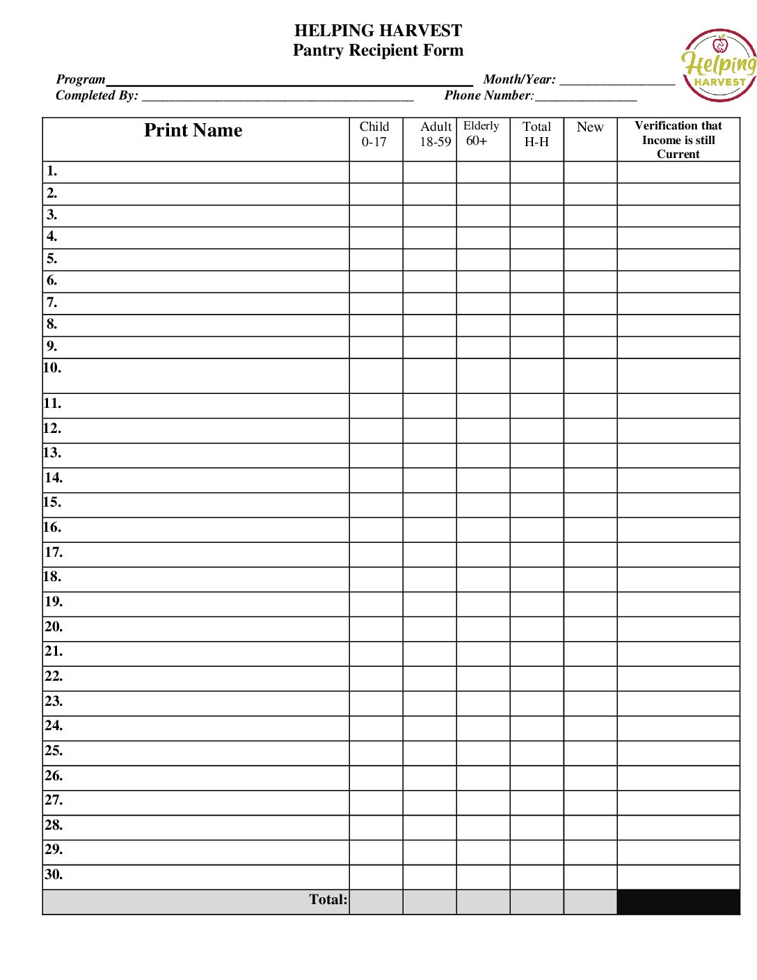 2025-2026 Pantry Recipient Form | Helping Harvest